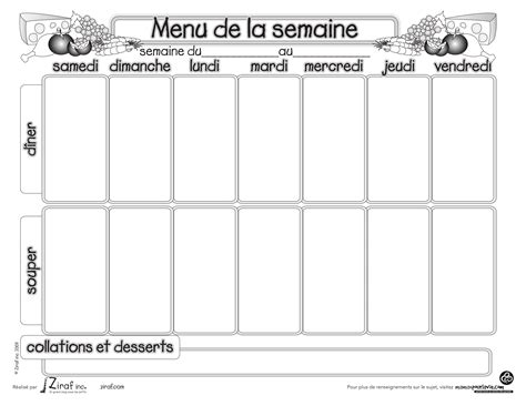 Menus de la semaine à imprimer Plannings vierges PDF Modèles de