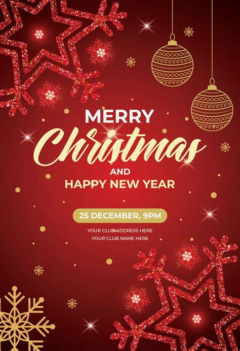 Merry Christmas And Happy New Year Flyer With Red Background Gold