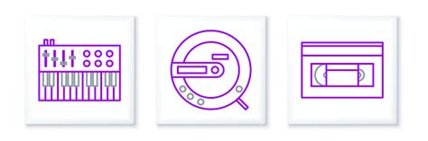 라인 Vhs 비디오 카세트 테이프 음악 신디사이저 및 Cd 플레이어 아이콘을 설정합니다 벡터 Mp3 플레이어에 대한 스톡 벡터