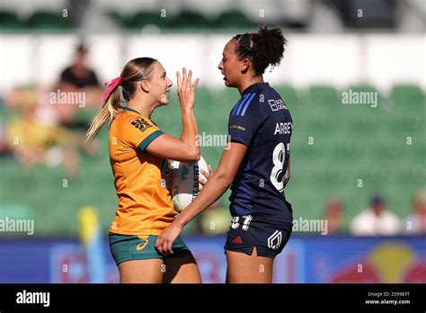 Teagan Levi Of Australia Reacts After Scoring A Try As Kelly Arbey Of