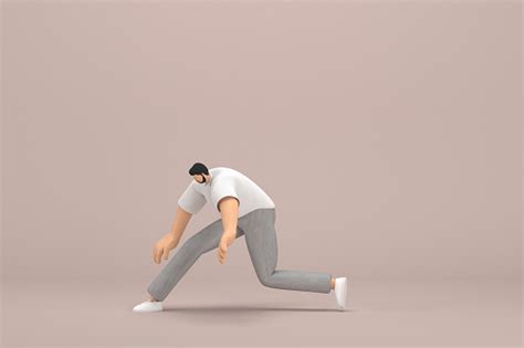 회색 코듀로이 바지와 화이트 칼라 티셔츠를 입은 수염을 가진 남자 그는 운동을하고 있습니다 연기에서 만화 캐릭터의 3d 일러스트 레이터 3차원 형태에 대한 스톡 사진 및