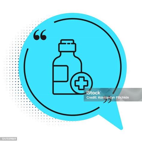 흰색 배경에 고립 된 약 시럽 아이콘의 검은 선 병 파란색 음성 풍선 기호입니다 벡터 일러스트레이션 0명에 대한 스톡 벡터 아트 및 기타 이미지 Istock