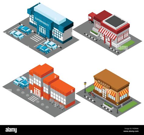 Supermarket Stores Buildings Isometric Icons Set Stock Vector Image And Art Alamy