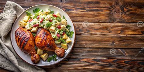 Delicious Plate Of Bbq Chicken And Potato Salad On A Wooden Table Shot