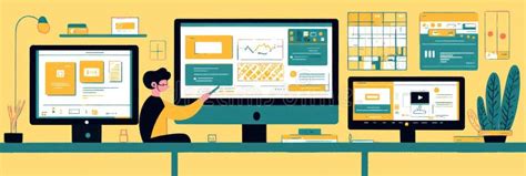 person working on multiple screens with data analysis tools stock image