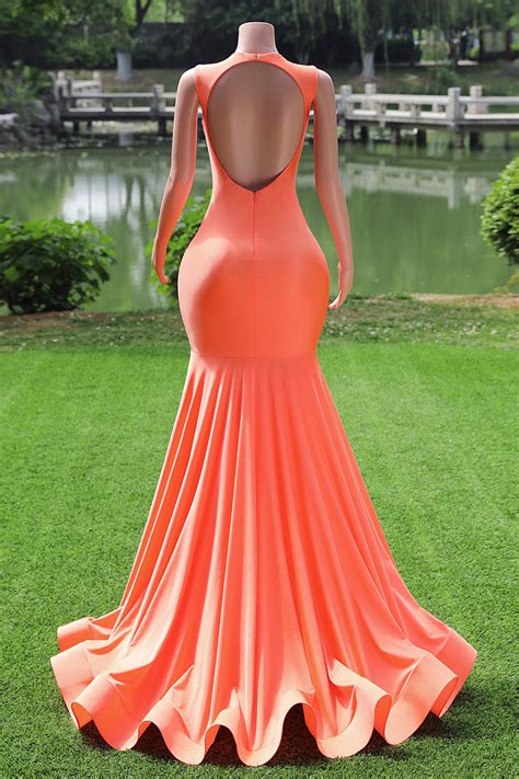 Elegant V Neck Orange Open Back Mermaid Floor Length Prom Dresses