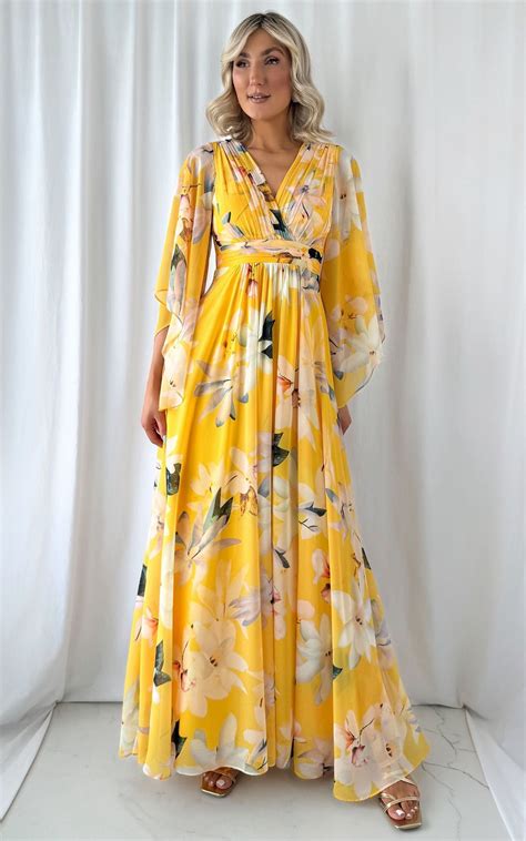Natalia Maxi Floral Dress With Bell Sleeves Yellow Baloot Silkfred