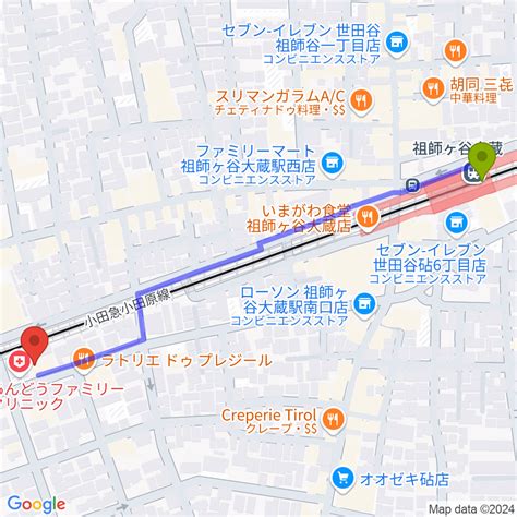 アブリールスタジオの最寄駅祖師ヶ谷大蔵駅からの徒歩ルート（約7分） Mdata