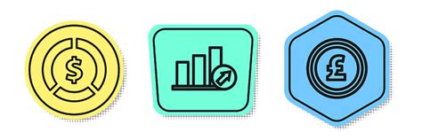달러 기호라인 코인 머니 그래프 일정 차트 다이어그램 인포그래픽 파이 그래프 파운드 스털링 기호가 있는 코인 머니가 있는 프리젠테이션 파이낸셜을 설정합니다 컬러 셰이프입니다