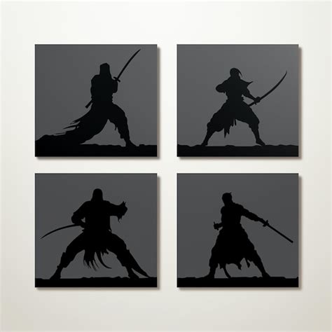 Quatro Silhuetas Pretas De Ninjas Com Espadas Em Diferentes Poses Foto Premium