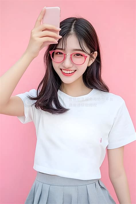 女性ai数字艺术 自拍简约风成年女性微笑自拍粉色背景白色上衣灰色裙子人像照片 Ai人像免费下载 Jpeg格式 2688像素 编号