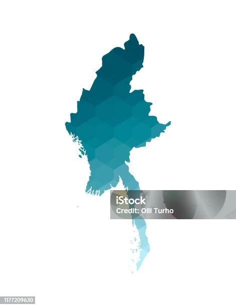 미얀마지도의 단순화 된 파란색 실루엣 벡터 격리 그림 아이콘입니다 다각형 기하학적 스타일입니다 흰색 배경 0명에 대한 스톡 벡터