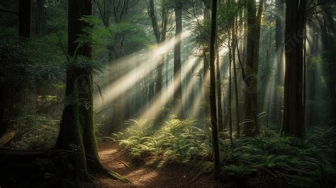 The Sun Rays Are Shining Through Trees In The Forest Background A Mysterious Forest That