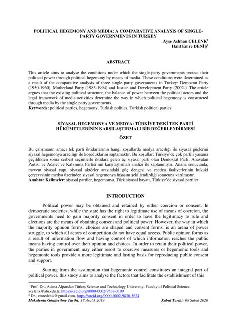 Pdf Political Hegemony And Media A Comperative Analysis Of Single Party Governments In Turkey