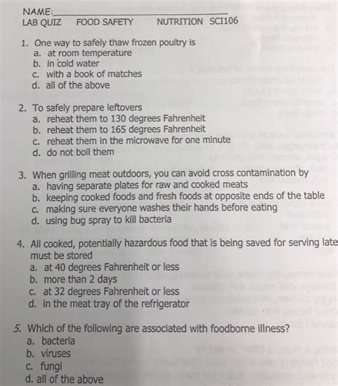 Food Safety Answers Quiz