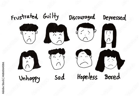 Ilustrace „hand Drawn Pictures For Negative Feelings Faces With Text For Teaching English