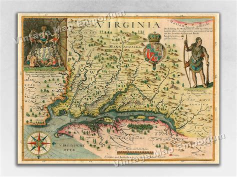 1627 Map Of Virginia By John Smith Historic Vintage Style Wall Map