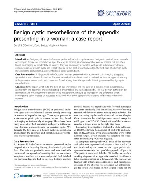Pdf Benign Cystic Mesothelioma Of The Appendix Presenting In A Woman
