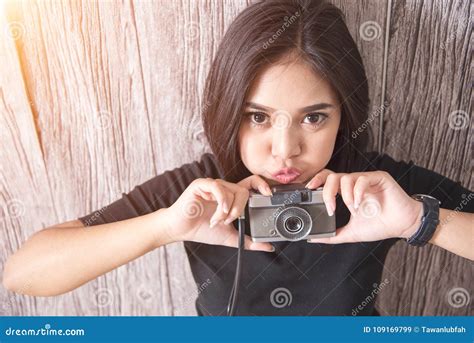 Cute Young Asian Woman With Retro Camera With Light Hipster Fashion Photographer Girl Young