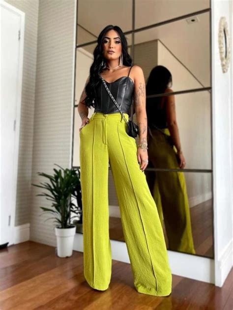 LARYISMODA Calça Pantalona Feminina Em Duna Bolsos Na Frente Elastéx Atrás