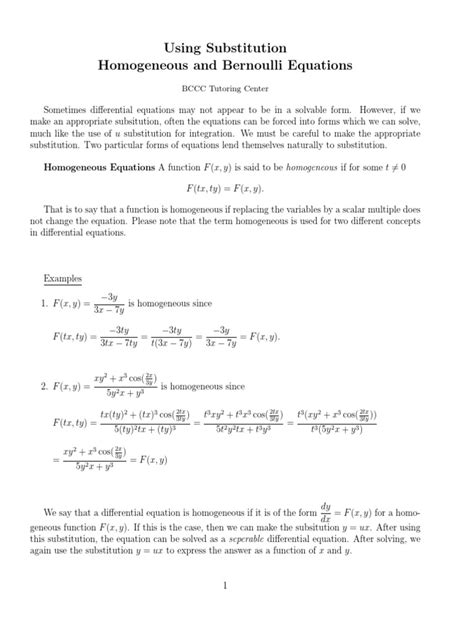 Using Substitution Homogeneous And Bernoulli Equations Bccc Tutoring