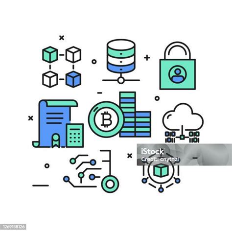 Konsep Blockchain Latar Belakang Ikon Seni Garis Modern Ilustrasi Vektor Gaya Linear Ilustrasi