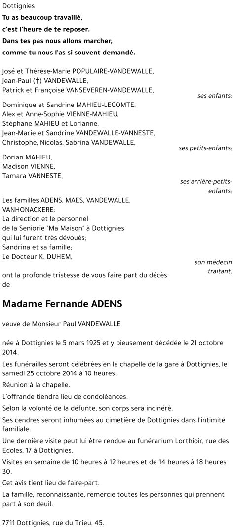 Avis De Décès De Fernande Adens Décédé Le 21 10 2014 à Dottenijs Annonce Condoléances Fleurs