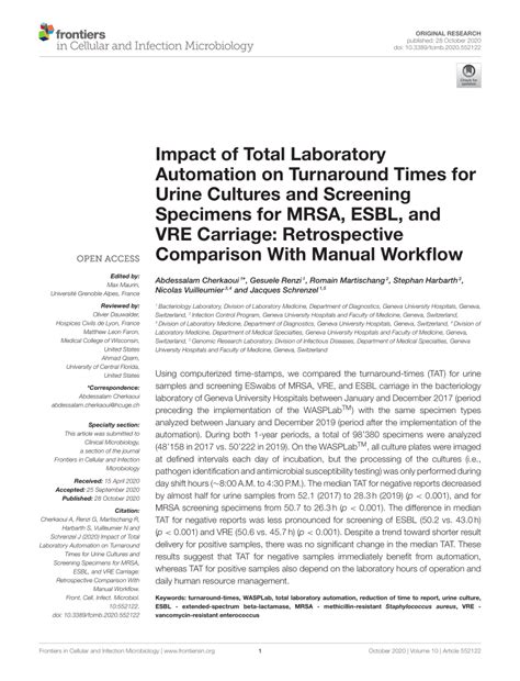 Pdf Impact Of Total Laboratory Automation On Turnaround Times For Urine Cultures And Screening