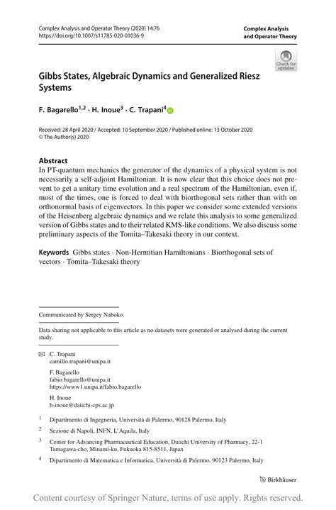 Pdf Gibbs States Algebraic Dynamics And Generalized Riesz Systems