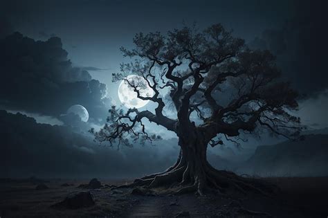 Árvore Assustadora Contra Uma Grande Lua Imagem Premium Gerada Com Ia