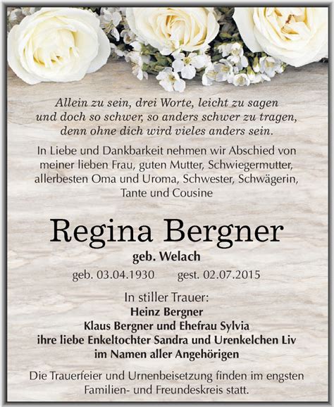 Traueranzeigen Von Regina Bergner Abschied Nehmende