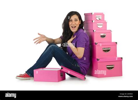 Girl With Stack Of Giftboxes Stock Photo Alamy
