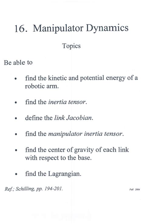 Manipulator Dynamics In Robotics Ii Ecse 4490 Docsity