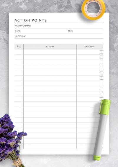 Download Printable Meeting Action Points Template PDF