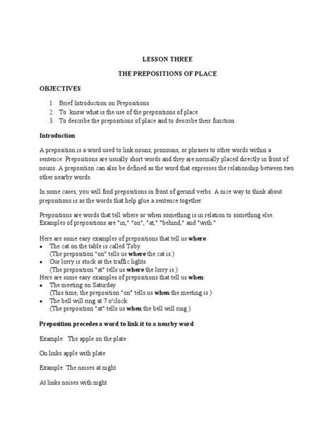 Lesson Three The Prepositions Of Place Objectives Pdf Preposition