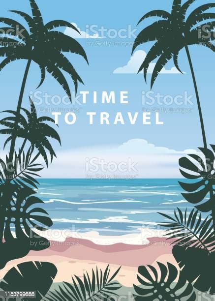 여행 하는 시간 여름 휴가 휴일 바다 풍경 바다 해변 해안 야자수 잎 레트로 열 대 잎 야자수 템플릿 벡터 배너 그림 고립 된 색칠한 이미지에 대한 스톡 벡터 아트 및 기타