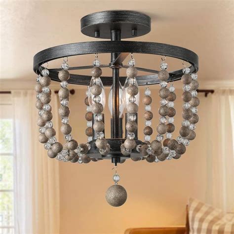 LNC Farmhouse 12 In Black Drum Semi Flush Mount With Crystal Wood