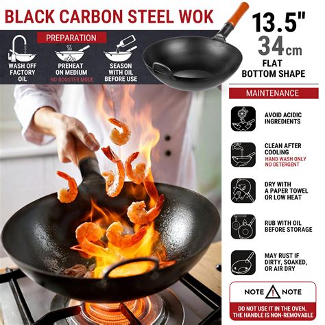 Black Carbon Steel Wok 135 Inchwooden Wok Lidspatula Ladle And