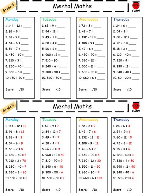 Grade 5 Mental Maths Division Worksheet 1 Pdf