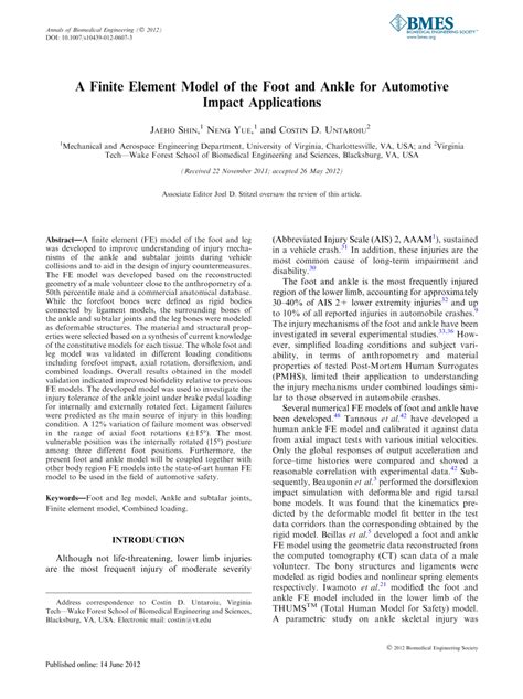 Pdf A Finite Element Model Of The Foot And Ankle For Automotive