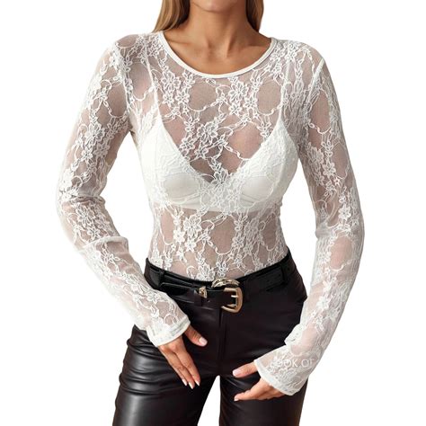 Fyduu Womens Tops Fashion Tshirts Women See Through Mesh Top Lace Crew Neck Long Sleeve Fitted