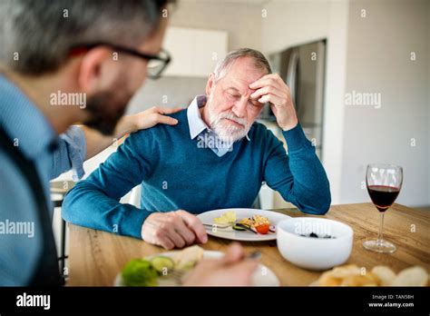 An Adult Hipster Son And Frustrated Senior Father Indoors At Home