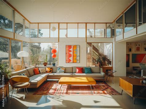 Mid Century Modern Interior Living Room Sunken Seating Area Open
