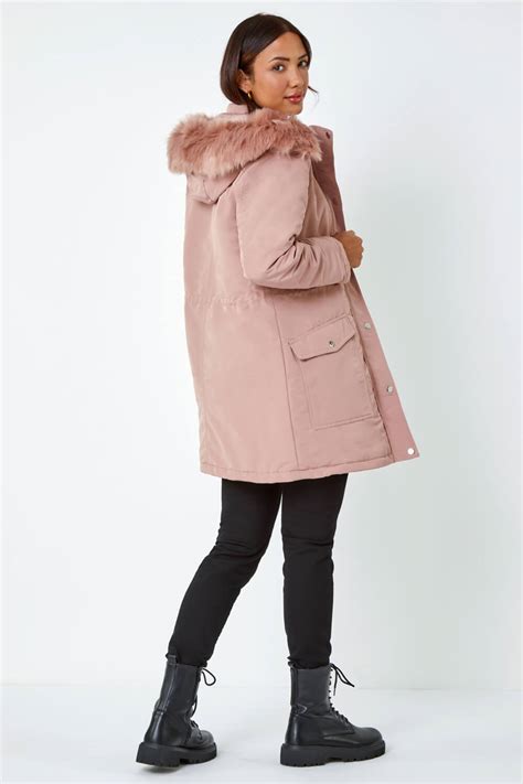 Pink Faux Fur Hooded Parka Coat Roman Uk