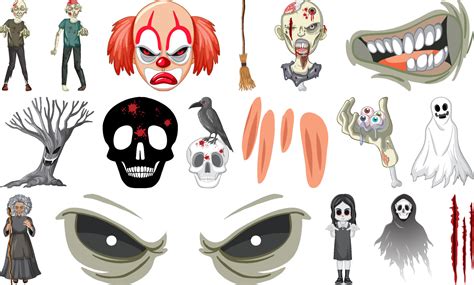 Conjunto De Objetos De Terror De Halloween Y Personajes De Dibujos