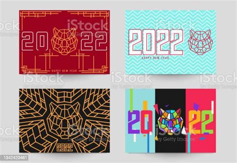 2022년 새해 복많은 중국 새해 현대 미니멀 한 스타일의 호랑이 머리 컬렉션 추상적 인 디자인 배경 배너 커버 포스터 카드에 대한 템플릿 세트입니다 벡터 그림입니다