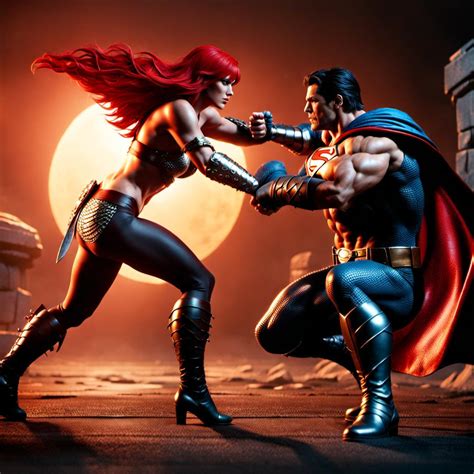 Sexy Red Sonja In Leather Attire Vs Superman Fight By Sablebomb On