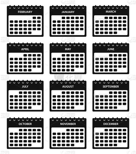12个月日历图标设置。平面风格向量eps。