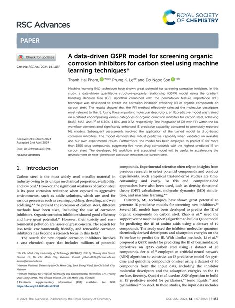 Pdf A Data Driven Qspr Model For Screening Organic Corrosion Inhibitors For Carbon Steel Using