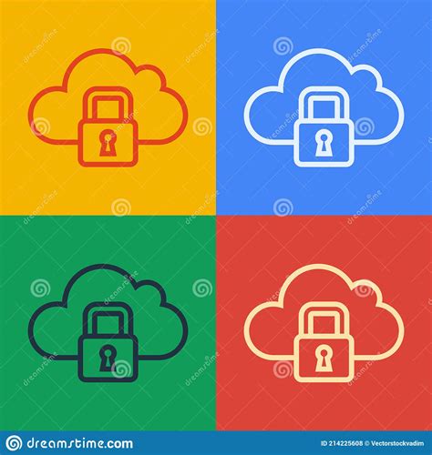 Pop Art Line Cloud Computing Lock Icon Isolated On Color Background Security Safety